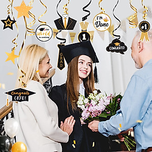 Graduation Party Decorations 2023, 31PCS Graduation Party Supplies Graduation Stuff Hanging Swirls Ceiling Decor And String Graduation Banner for Elementary 8th Grade High School College Black And Gold Class Of 2023 Congrats Decorations Grad Decor (Gradua