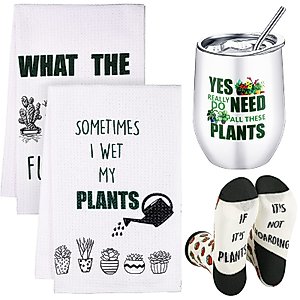 Rtteri 4 Pcs Funny Plant Lover Gifts for Women Set 2 Plant Kitchen Towels 6 oz Stainless Steel Tumbler Women's Funny Ankle Socks for Friend Plant Gifts Housewarming Birthday Funny Gardening Gifts