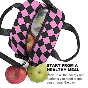 Black Bright Pink Checkered Lunch Bag, Lunch Box Portable Insulated Lunch Tote Bag, Thermal Cooler Bag for Women Work Outdoor