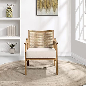 OSP Home Furnishings Alania Wood Accent Chair with Cane Back, Arms and Padded Seat, Linen Fabric with Coastal Wash Frame