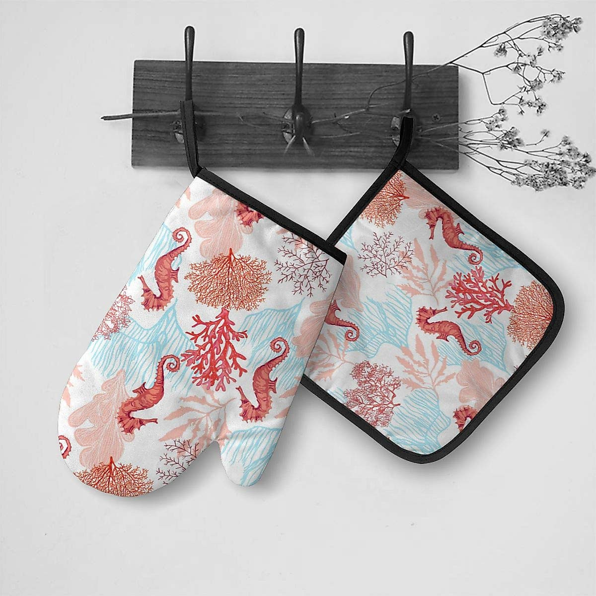 VunKo Sea Horse Oven Mitts and Pot Holders Sets Heat Resistant Coral Oven Gloves with Non-Slip Surface for Safe BBQ Cooking Baking Grilling Set of 2