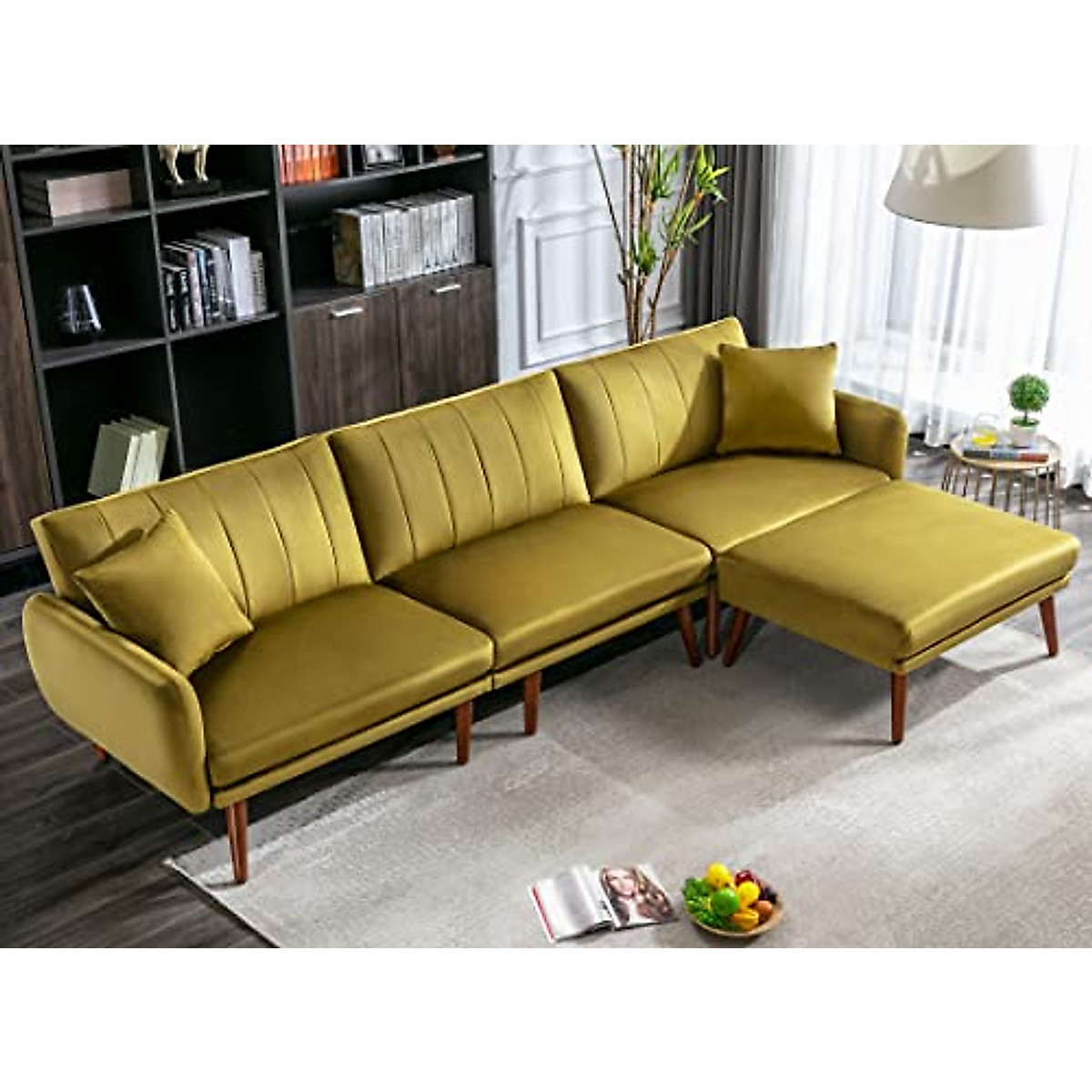 JOMEED Convertible Sectional Sofa Couch, Modern Oversized Velvet Fabric L-Shaped Couch Sofa Bed with Adjustable Backrest for Living Room, Apartment
