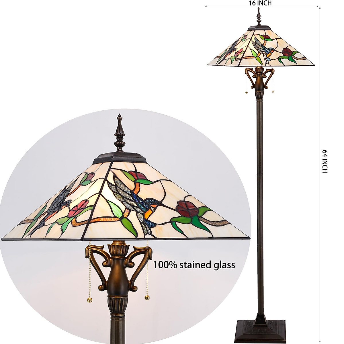 AVIVADIRECT Tiffany Floor Lamp Mission Style Stained Glass Standing Reading Light 16X16X64 Inch Amber Hummingbird