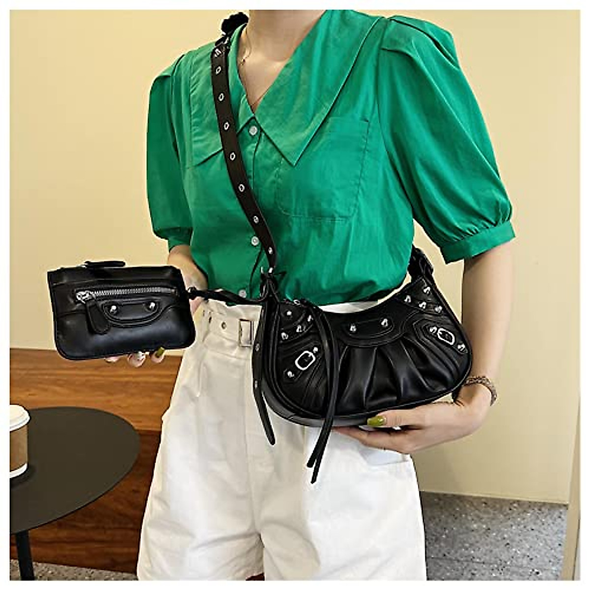 Women Rivet Satchels Handbags Punk Style Motorcycle CrossBody Bags Half Moon Underarm Bags with Coin Purse Hobo Bags (Black)