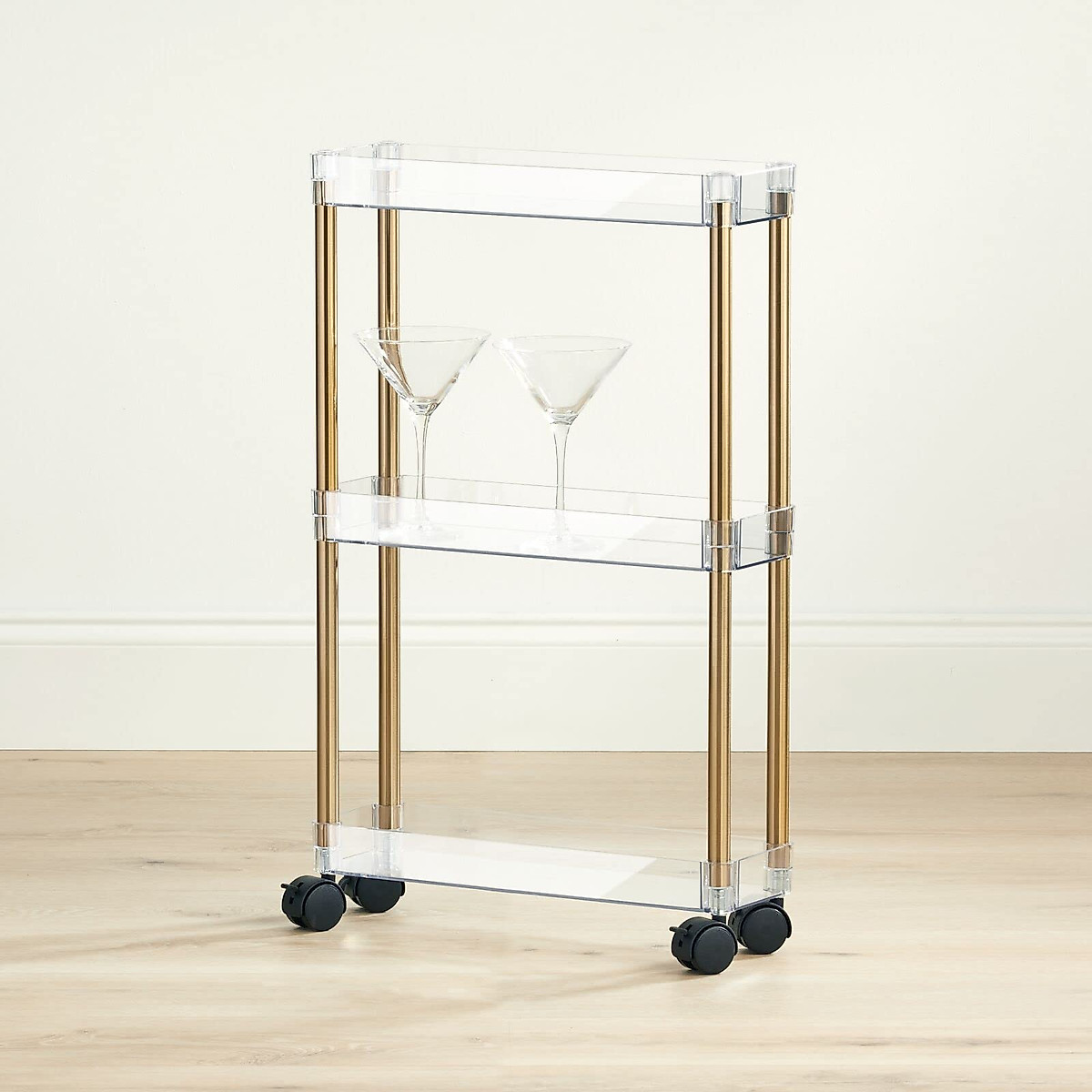 mDesign Slim Portable 3-Tier Household Rolling Storage Cart for Bathroom, Kitchen, Craft Room, Laundry Room, Office, and Kid's Playroom - 4 Rotating Wheels - Clear/Soft Brass