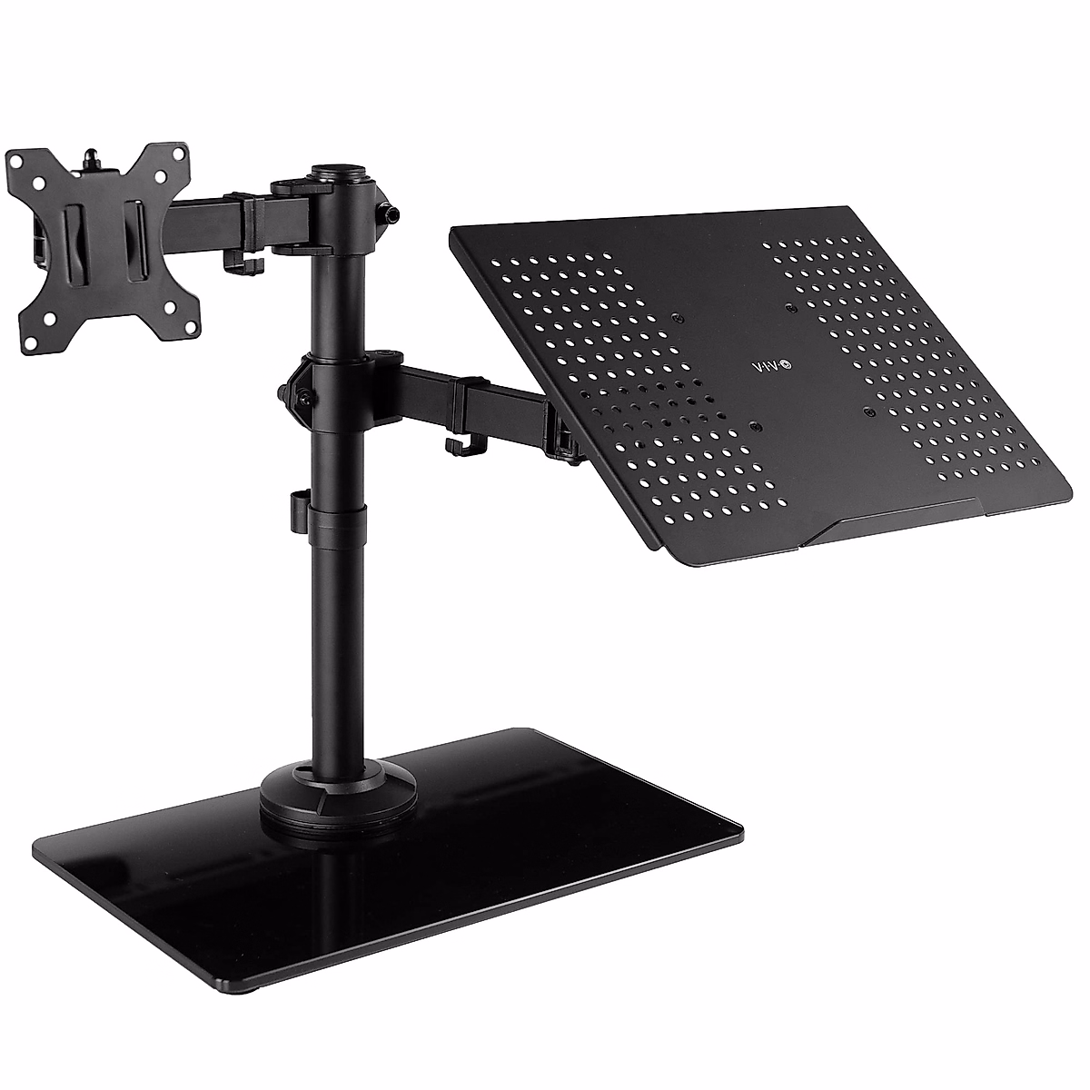 VIVO Free Standing Single Computer Monitor and Laptop Combo Desk Stand with Sleek Glass Base, Fits up to 32 inch Monitors and 17 inch Laptops, Black, STAND-V002FGL