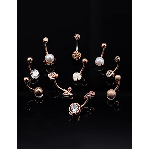 Vsnnsns 14G Belly Button Rings Flower Belly Rings for Women Stainless Steel Opal Belly Piercing Jewelry Surgical Steel Belly Button Rings Curved Navel Ring Barbell CZ Body Jewelry Piercing Rose Gold