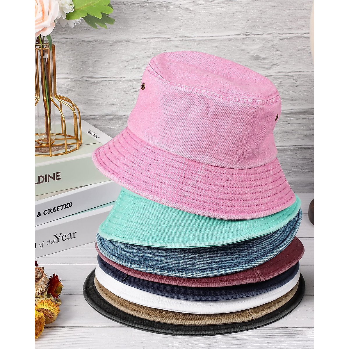 Geyoga 8 Pack Cotton Bucket Hat Foldable Packable Fishing Hat Beach Cap for Kids Teen Girls Women Men (Elegant Colors)