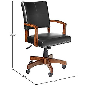 OSP Home Furnishings Deluxe Wood Banker's Chair with Antique Bronze Nailheads and Medium Brown Wood, Black Faux Leather