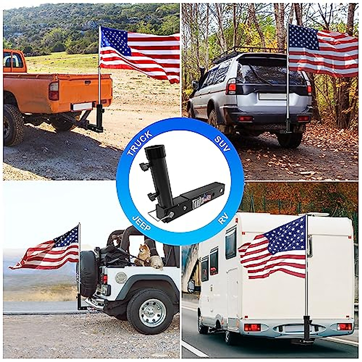 Tanfix Foldable Hitch Mount Flagpole Holder | All Metal Heavy- Duty, Fits Standard 2" Trailer Hitch, Compatible with Jeep, Truck, SUV, RV, Pickup, Camper Trailer (ONE Flagpole)