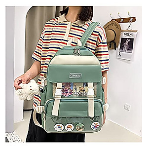 4 PCS Kawaii Backpack with Kawaii Pin and Accessories, with Kawaii Bear Pendant School Bag Sets (Sage Green)