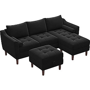 Belffin Black Velvet Fabric U Shaped Sectional Couch with Chaise Small Reversible Sectional Sofa Couch 4-Seater Sectional Sofa Sleeper with Storage Ottoman Foot Rest for Apartment