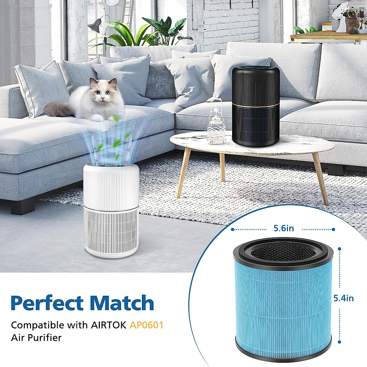 AP0601 Replacement Filters Compatible with AIRTOK Air Puri-fier, 4-in-1 H13 True HEPA Filters, High-Efficiency Activated Carbon Filter, AP0601-RF 2 Pack