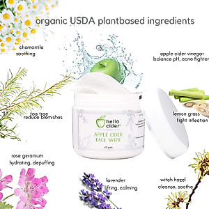 Apple Cider Vinegar Acne Face Toner Pads - Organic Tea Tree, Witch Hazel, Rose, Lavender. Cleanse, Tone, Hydrate, Calm & Sooth. 60 pads. USA by Hello Cider