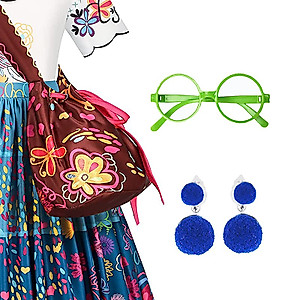 PashaLs Mirabel Dress for Girls, Mirabel Costume Dress Up for Girls, Halloween Cosplay Outfits with Glasses and Clip Earrings