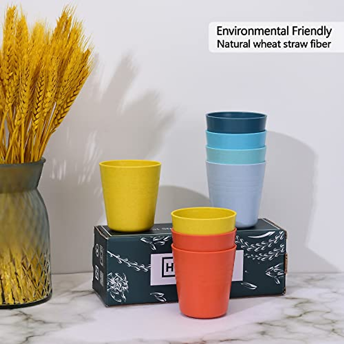 【Set of 8】Reusable Wheat Straw Drinking Cups - 8 Ounce Unbreakable Water Cups - Stackable BPA Free Small Drinking Glasses Set -Dishwasher Safe for Home Kitchen Parties Camping Supply