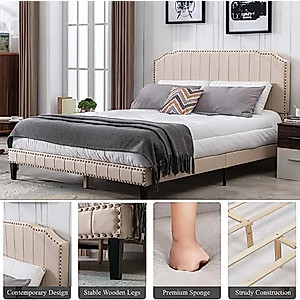 Queen Size Linen Upholstered Platform Bed Frame with Soft Curved Headboard and Wooden Slats Support, No Box Spring Needed for Boys Girls Teens Adults, Noise-Free, Under Bed Storage (Beige)