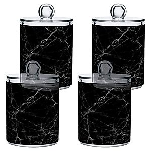 Blueangle 4PCS Black Marble Texture Qtip Holder Dispenser with Lids - Apothecary Jar Containers for Vanity Organizer Storage - Plastic Food Storage Canisters（144）