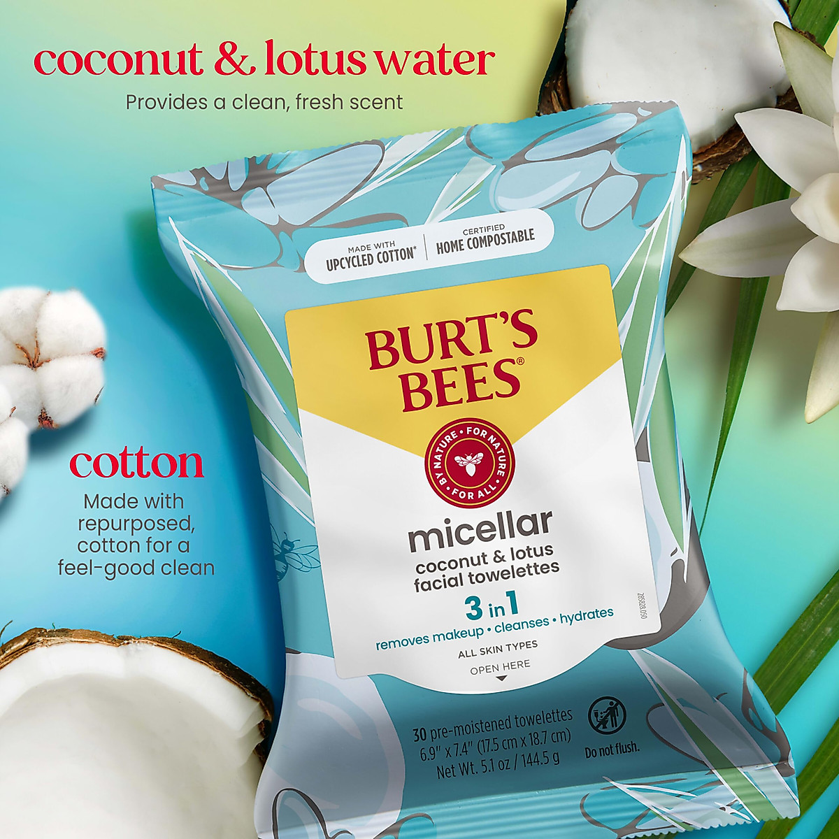 Burt's Bees Coconut & Lotus Face Wipes, for All Skin Types, College Back to School Dorm Essentials, Micellar Makeup Remover & Facial Cleansing Towelettes, 30 Ct. (3-Pack)