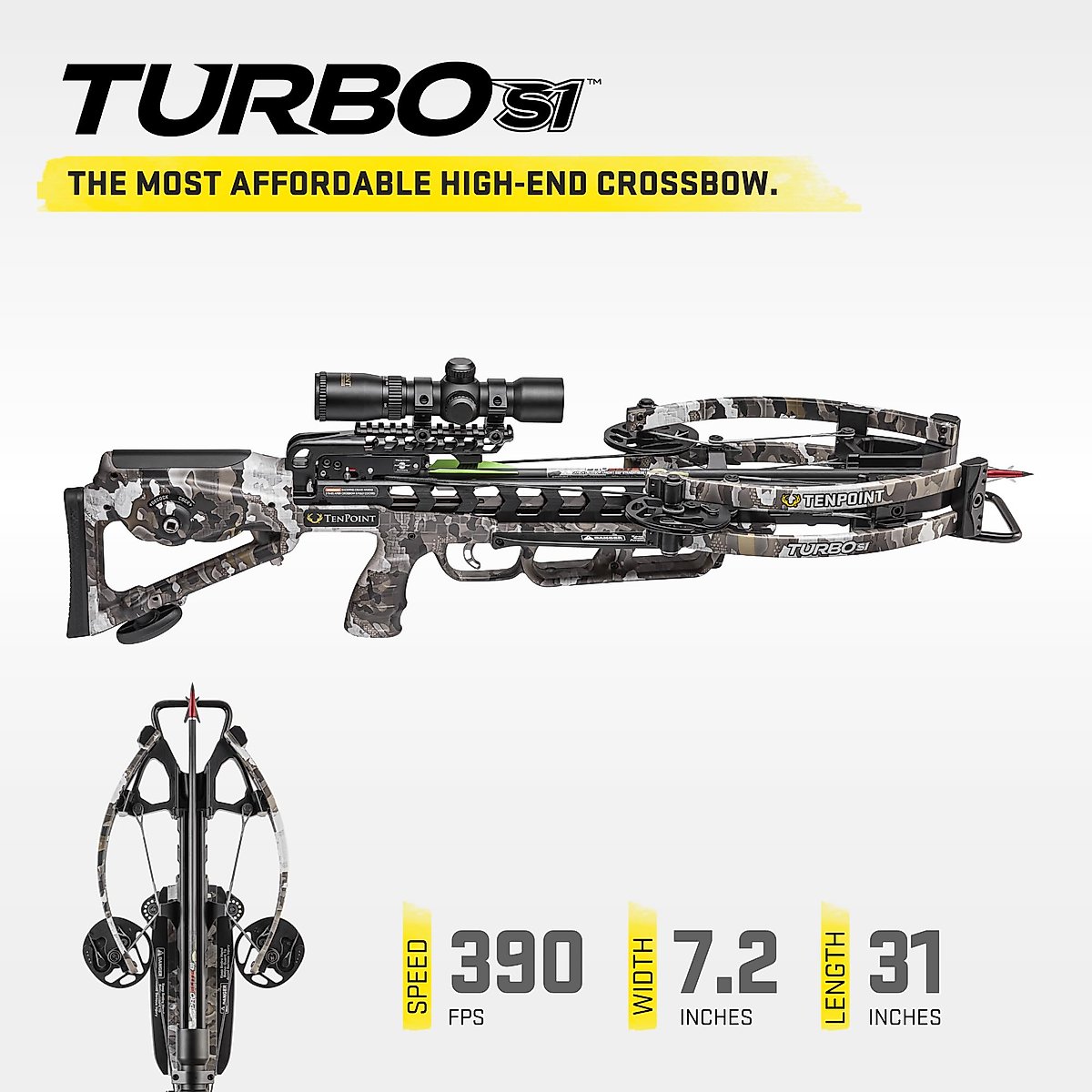 TenPoint Turbo S1 Crossbow, Vektra - 390 FPS - Equipped with RangeMaster Pro Variable Speed Scope + ACUslide Cocking & De-Cocking System - ​​​​Lowest-Priced ACUslide Safe De-Cocking Crossbow