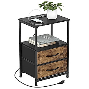 DOMYDEVM Black Nightstand with Charging Station Bedroom Night Stand Bedside Table with USB Ports and Outlets Small Side End Table with 2 Fabric Storage Drawers for Living Room Dorm