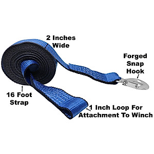 CustomTieDowns 2 Inch x 16 Foot Heavy Duty Replacement Winch Strap, Boat Hook On One End, 1 Inch Loop On Opposite End for Attachment to Winch. (Blue)