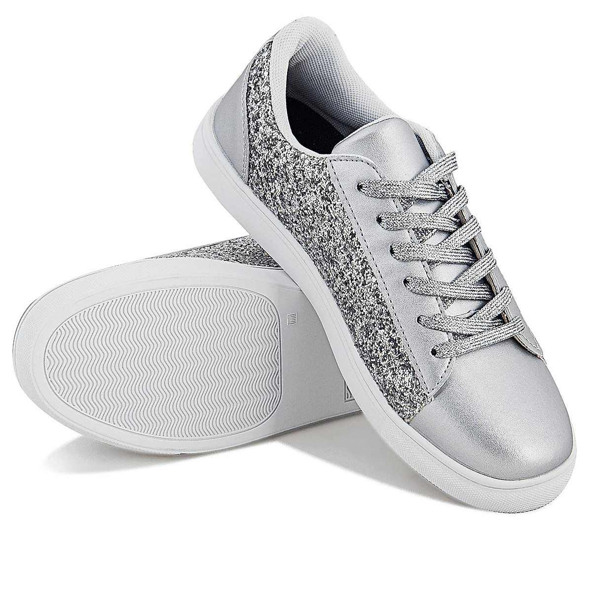 Women's Glitter Shoes Fashion Shiny Sequin Sneakers Tennis Sparkly Shoes Rhinestone Bling Shoes with Lace up(Silver Sequins,9.5)