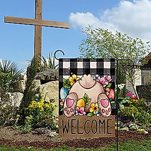 Artofy Welcome Easter Bunny Rabbit Small Decorative Garden Flag, Egg Flowers Farmhouse Yard Lawn Outside Decor, Spring Buffalo Plaid Check Burlap Outdoor Home Decoration Double Sided 12 x 18