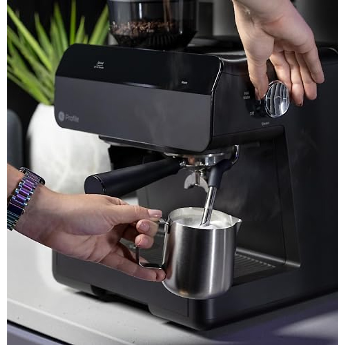 GE Profile Semi Automatic Espresso Machine + Steam Frother | Italian-Made 15 Bar Pump for Balanced Extraction | 15 Adjustable Grind Size Levels | WiFi Connected for Drink Customization | Black