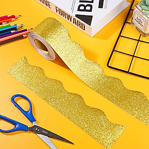 131 Ft Gold Glitter Bulletin Board Borders Gold Scalloped Bulletin Board Trims Shiny Decorative Border Trims Sparkle Self-Adhesive Border Stickers for Classroom School Home Office Blackboard Desk
