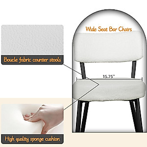 Sucrever 24” Boucle Bar Stools Set of 2, Counter Height Bar Stools with Back, Sherpa Barstools with Black Metal Legs/Footrest, Cream White