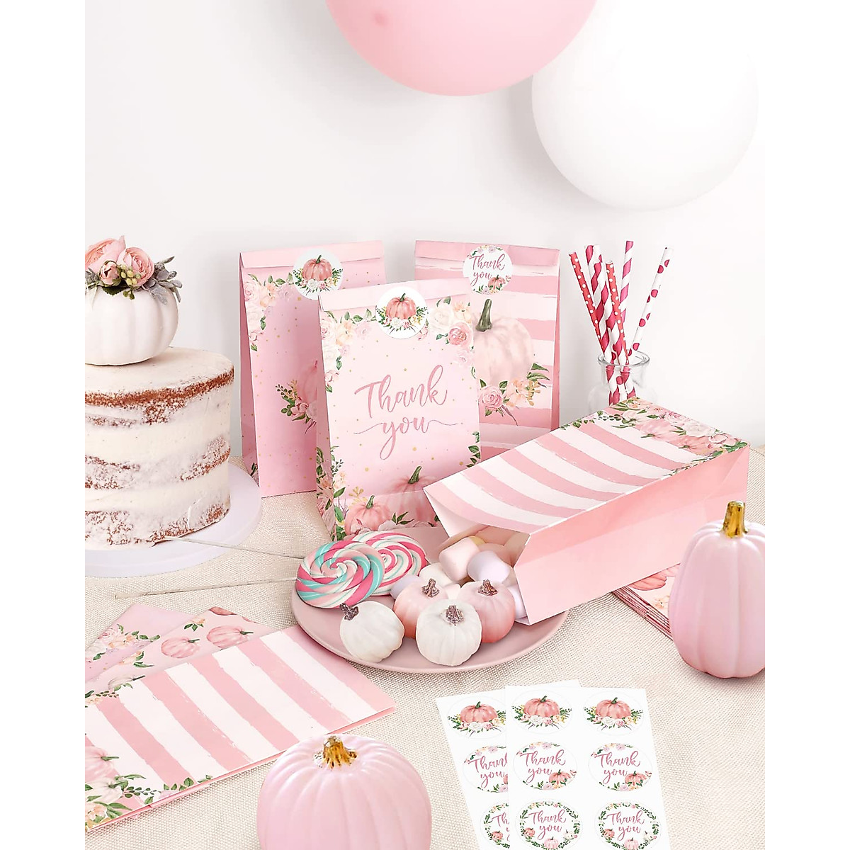 Pumpkin Candy Bags Little Pumpkin Party Gift Bags Fall Birthday Thanksgiving Party Favor Bags Party Supplies Loot Bags Goodie Bags with Thank You Stickers, Set of 24