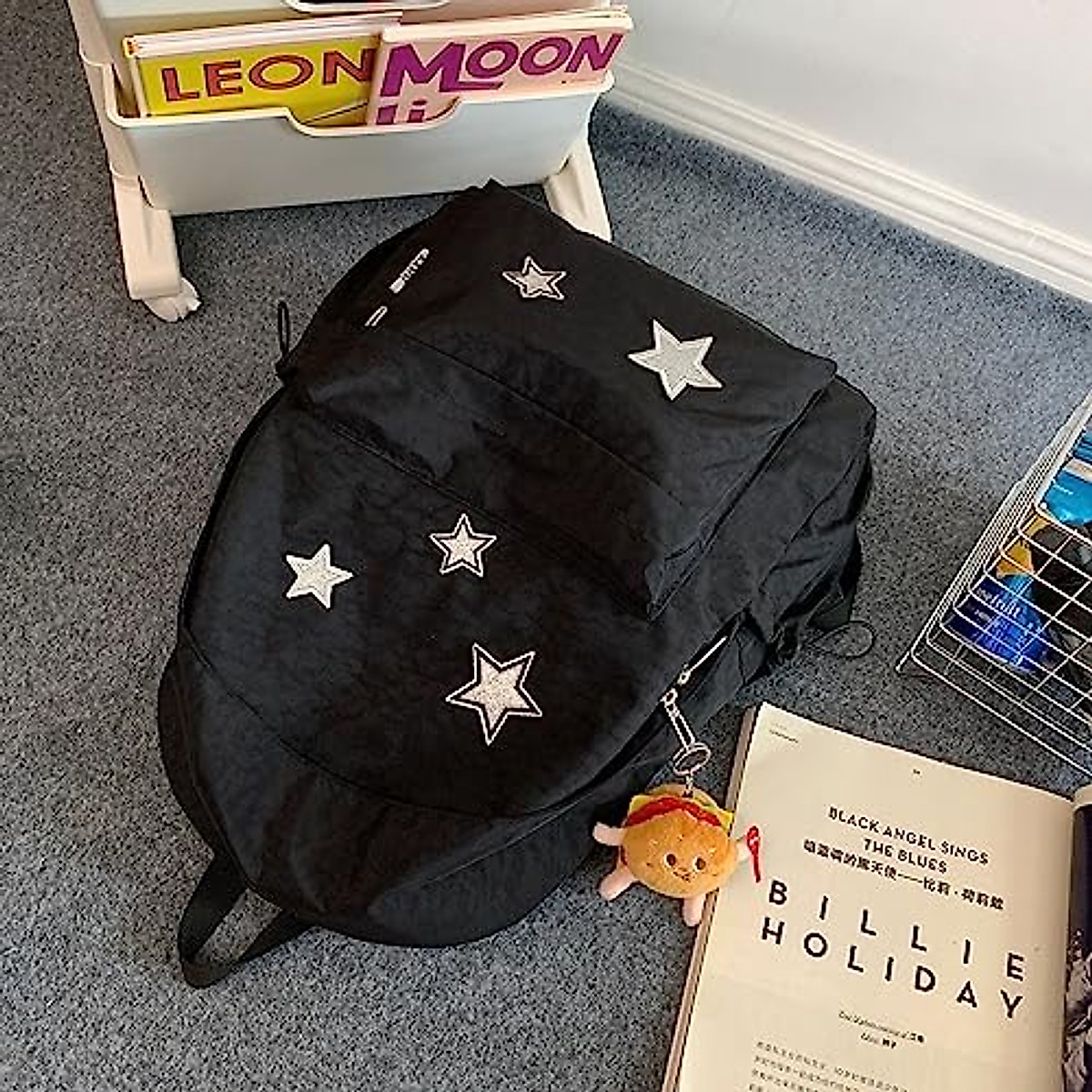 JHTPSLR Vintage Aesthetic Backpack Preppy Backpack Patches Stars Retro Stars Backpack Dark Academia Aesthetic Backpack (Black)