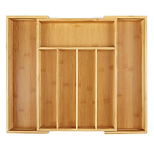 Utoplike Bamboo Cutlery Tray Silverware, Drawer Dividers for Kitchen Utensils, Flatware Tray Drawer Insert for knives, Gadgets and Garage Tools, Office Supplies, (11.5"-18" ) W X 15" H X 2“D (Small)