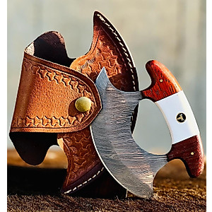 Bodacious Knives Damascus Ulu Knife- Handmade 5.5"" Alaskan Pizza Cutter Small Ulu Knife with Sheath- Ideal Alaska gifts for Chopping, Slicing, Mincing, and Skinning (Red & White), Traditional