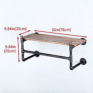 HAOVON Industrial Pipe Clothing Rack Wall Mounted Wood Shelf,Pipe Shelving Floating Shelves,Retail Garment Rack Display Rack Clothes Racks(1 Tier,30in)
