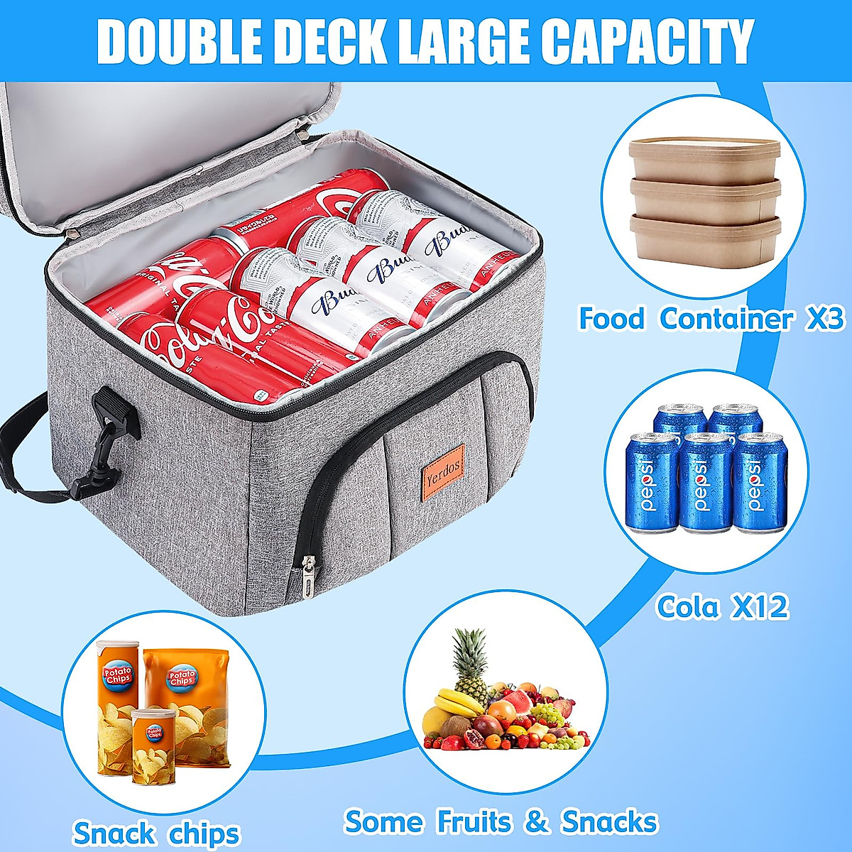 Yerdos Lunch Bag Women Insulated Lunch Box for Men, Light Durable Tote Bag with Adjustable Shoulder Strap for Office Work Picnic Hiking Beach Fishing-(Dark Grey)