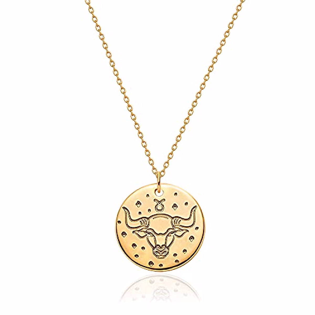 MEVECCO Gold Necklace Coin Disc Zodiac 12 Constellation Taurus Patterned Engraved Horoscope Sign Astrology Pendant 18K Gold Plated Chain Dainty Personalized Simple Jewelry