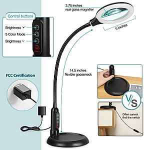 TOMSOO 5X Magnifying Glass with Light and Clamp, 5 Color Modes Stepless Dimmable Lighted Magnifier with Stand, Flexible Gooseneck LED Desk Lamp Hands Free for Craft Reading Painting Hobby Close Work
