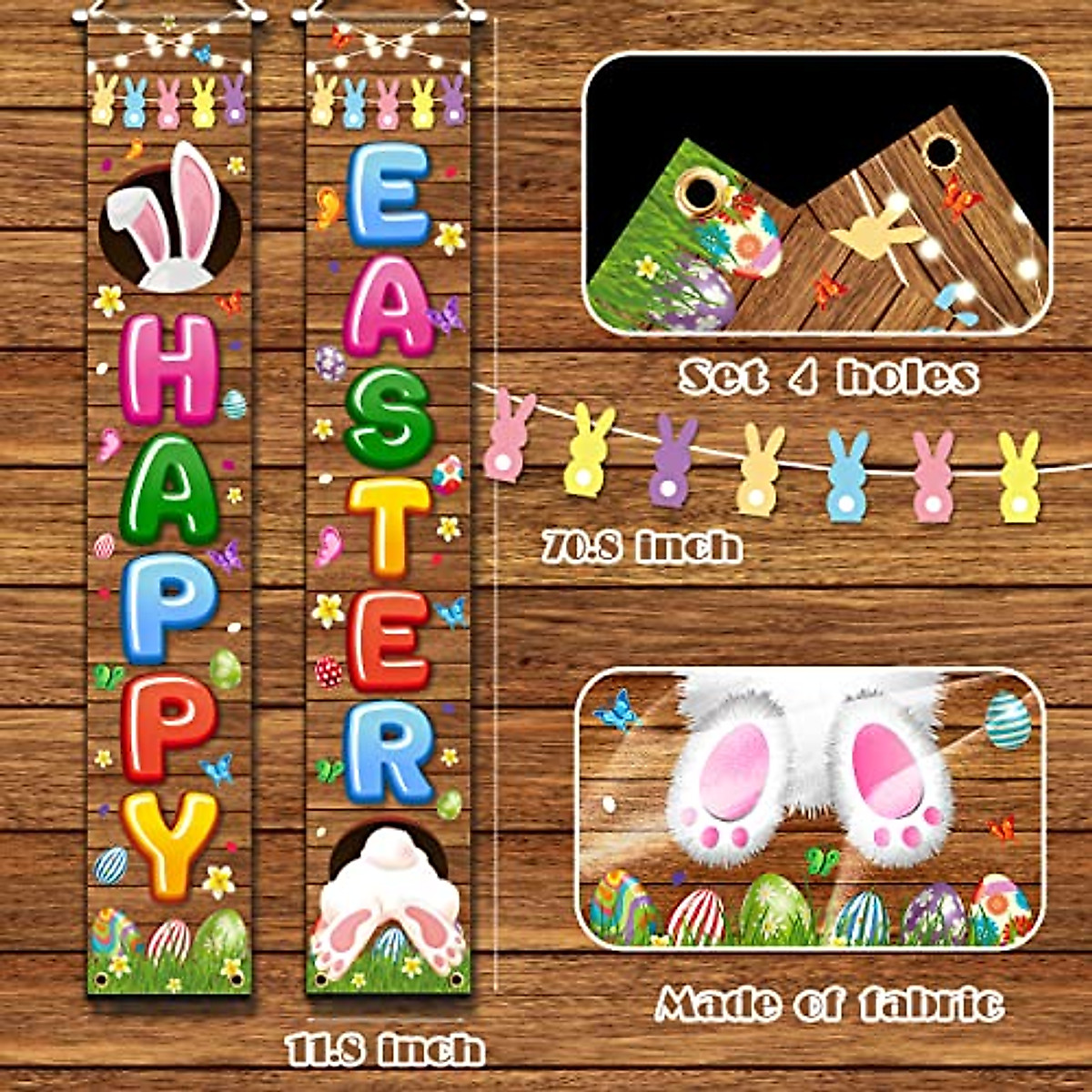 Easter Party Supplies-Happy Easter Porch Sign Banner,2PCS Hello Peeps Front Door Welcome Banner for Spring Theme Easter Bunny Door Decoration (Porch)