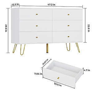 REHOOPEX White Dresser for Bedroom with 6 Drawers, Modern Wood 6 Drawer Dresser with Black Knobs, Chest of Drawers for Nursery, Kids Bedroom, Living Room, Closet, Entryway (White)