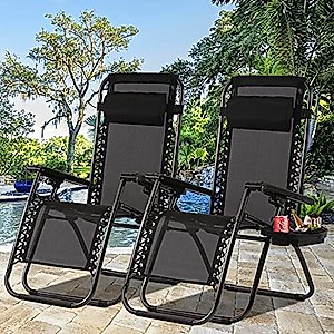 Dkeli Zero Gravity Chair Set of 2 Patio Folding Adjustable Zero Gravity Lounge Chair with Cup Holders Outdoor Recliner Camping Chair for Poolside Backyard Lawn Beach, Black
