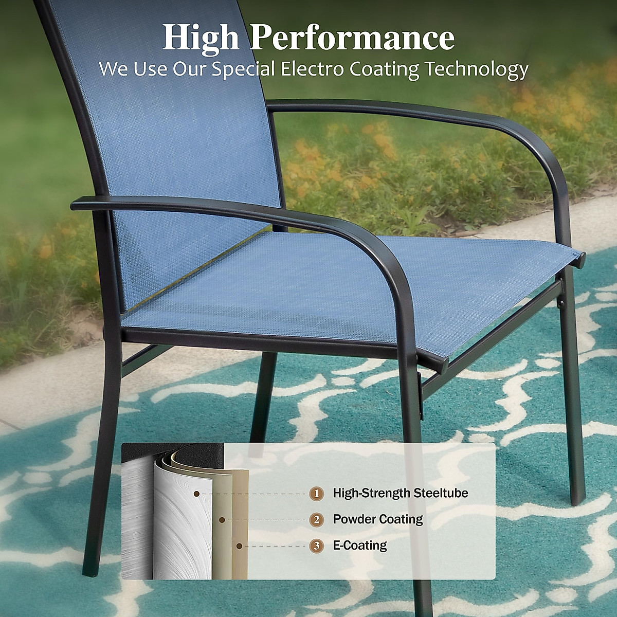 HERA'S HOUSE Patio Dining Chairs Set of 4, 36" Textilene Fabric Outdoor Chair with Wrought Iron Metal Frame Support 350lbs for Lawn Garden Backyard Kitchen, Blue