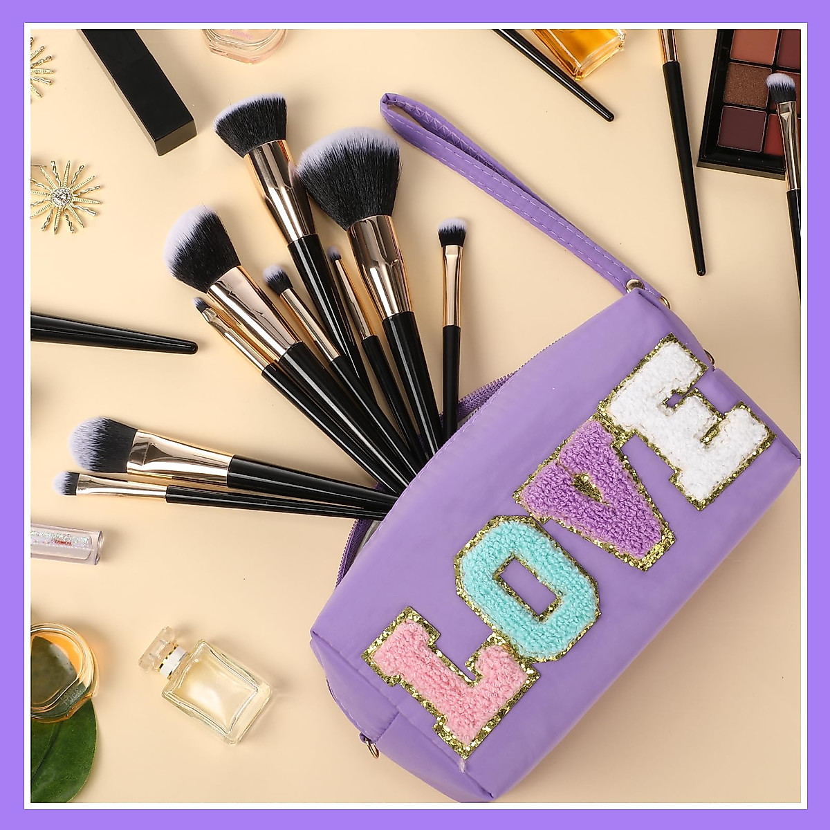 YESMET Preppy Makeup Bag, Chenille Letter Patch Cosmetic Bag, Portable Travel Makeup Organizer Bag with Wrist Strap, Nylon Waterproof Zipper Makeup Pouch Toiletry Bag for Women Girls (Purple)