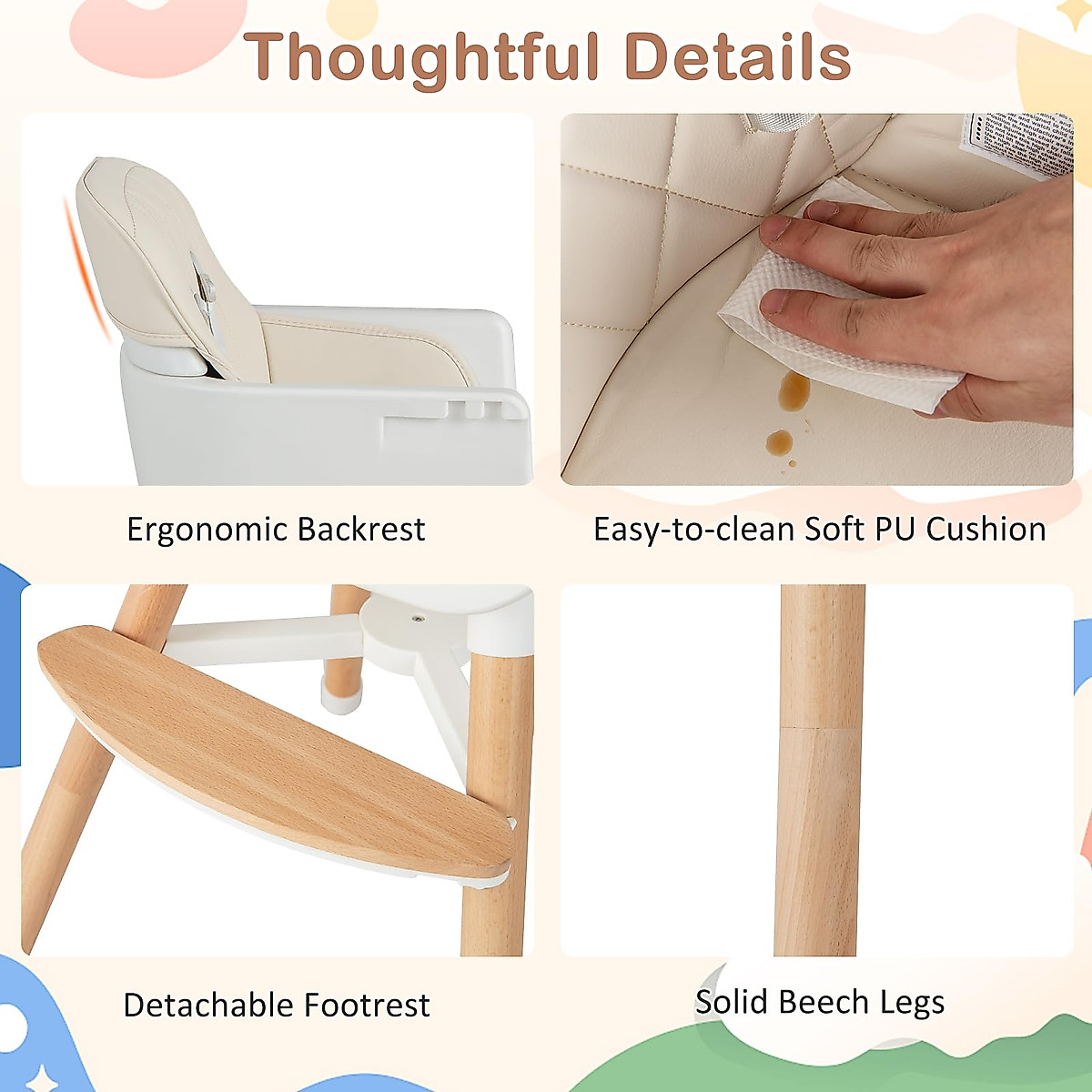 BABY JOY Baby High Chair, 6 in 1 Convertible Wooden High Chair for Babies & Toddlers with Adjustable Legs, Double Removable Tray, Safety Harness & Waterproof PU Cushion (Beige)
