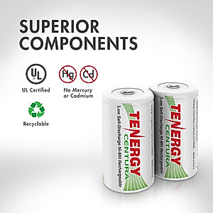 Tenergy Centura NiMH Rechargeable C Batteries, 4000mAh C Battery, Low Self Discharge C Cell Battery, Pre-Charged C Size Battery, 2 Pack