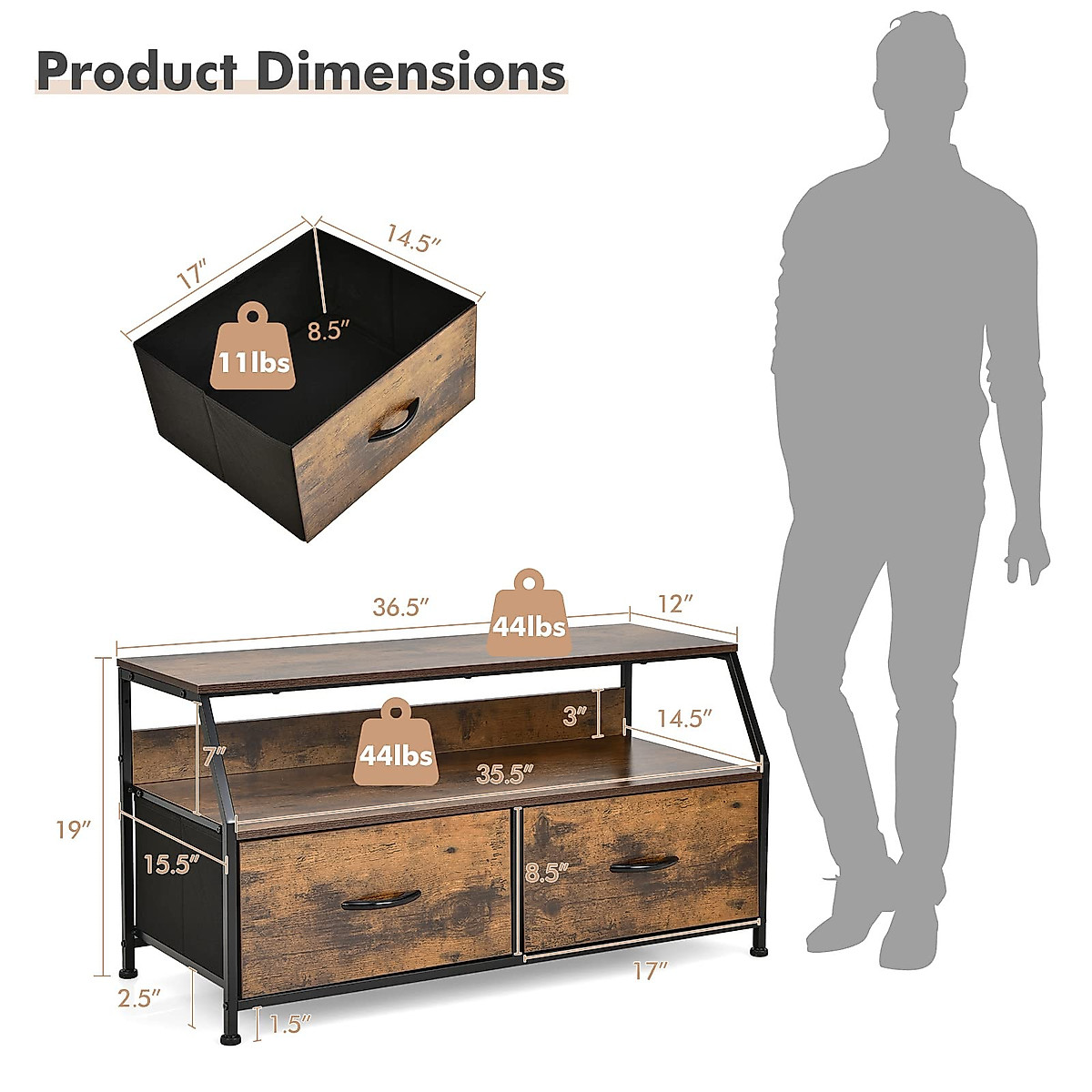 SILKYDRY Dresser TV Stand, Entertainment Center Media Console Table with 2 Folding Fabric Drawers & 2 Open Shelves for TV up to 43’’, Storage Drawer TV Unit for Bedroom, Living Room (Rustic Brown)