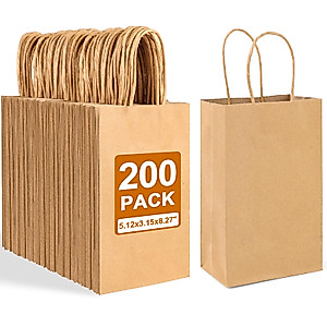 XPCARE 200Pcs Paper Gift Bags 5.25x3.25x8.25'',Gift Wrap Bags with Handles Brown Kraft Paper Bags for Small Business Paper Bags Bulk for Birthday Party Favors Shopping Retail