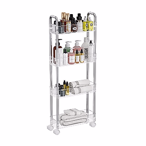 TESOIN Under Sink Organizers and Storage，4 Tier Clear Movable Slim Rolling Storage Cart Bathroom Organizer Under Cabinet Storage, Slide Out Narrow Shelf Organization for Kitchen Bathroom Warehouse