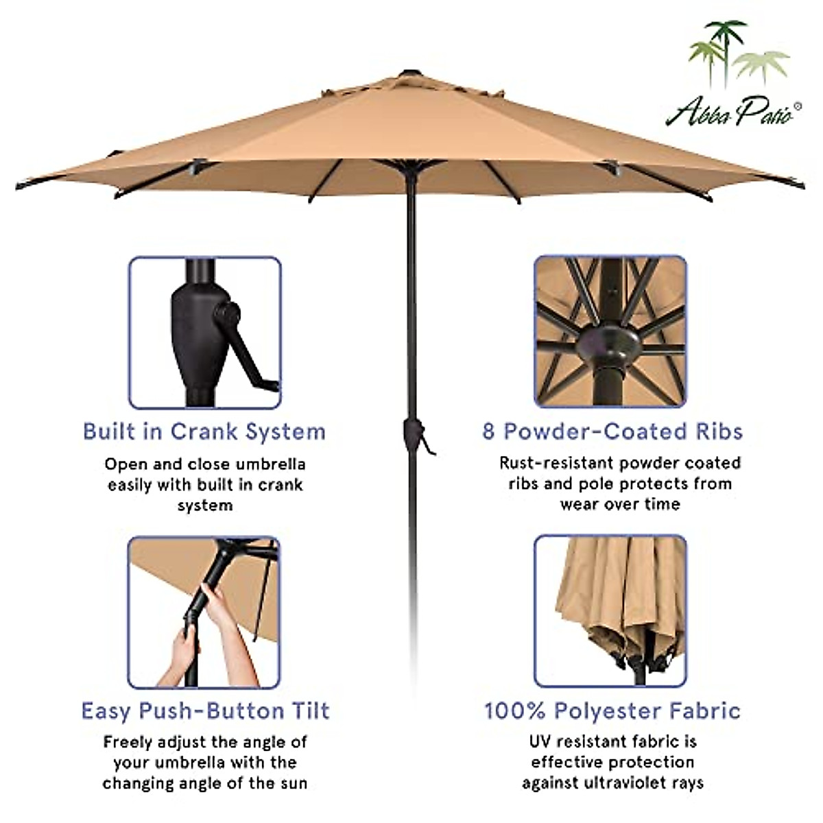 Abba Patio 11ft Patio Umbrella Market Outdoor Table Umbrella with Push Button Tilt and Crank, 8 Ribs, UV Protection, Tan